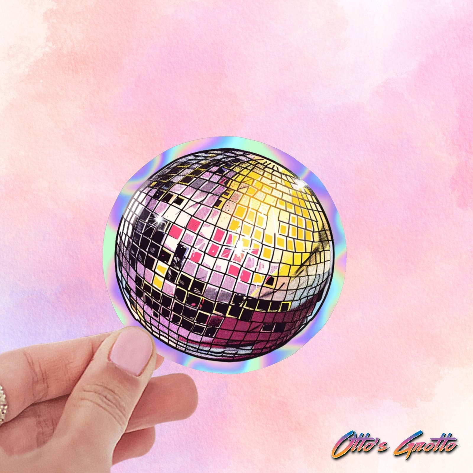 Pink and Yellow Disco Ball Sticker - HOLOGRAPHIC Disco Ball Sticker fo ...